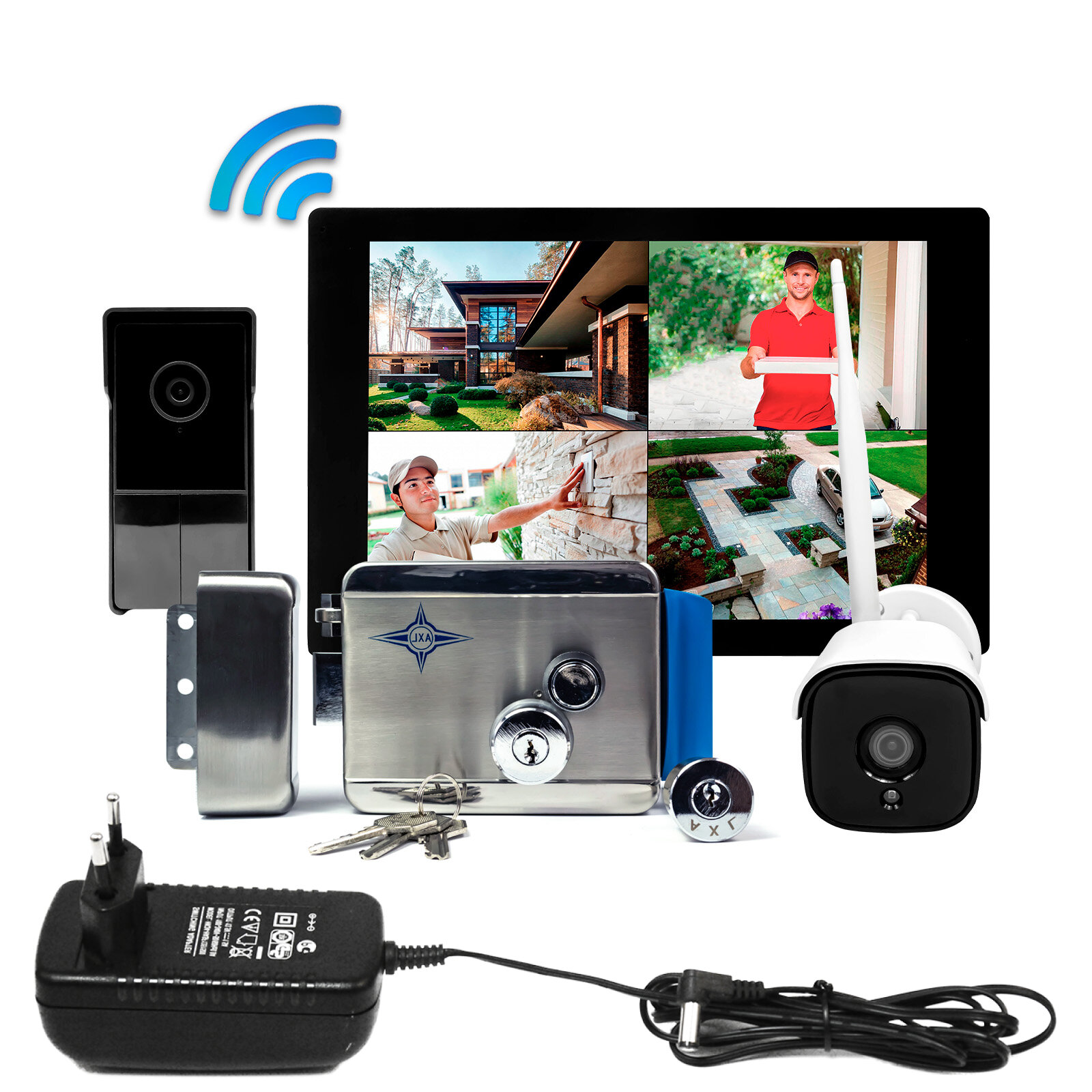 Беспроводной домофон TUYA с камерой и с замком - Sky Net 1000 (1+1+AX091) (C73263IW): HD Wi-Fi экран 10 дюймов, вызывная панель, замок электромехани