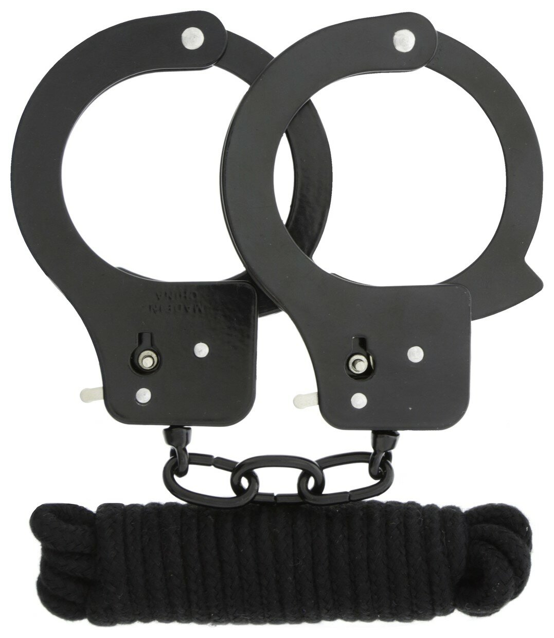 Чёрные наручники из листового металла в комплекте с веревкой BONDX METAL CUFFS LOVE ROPE SET Dream Toys