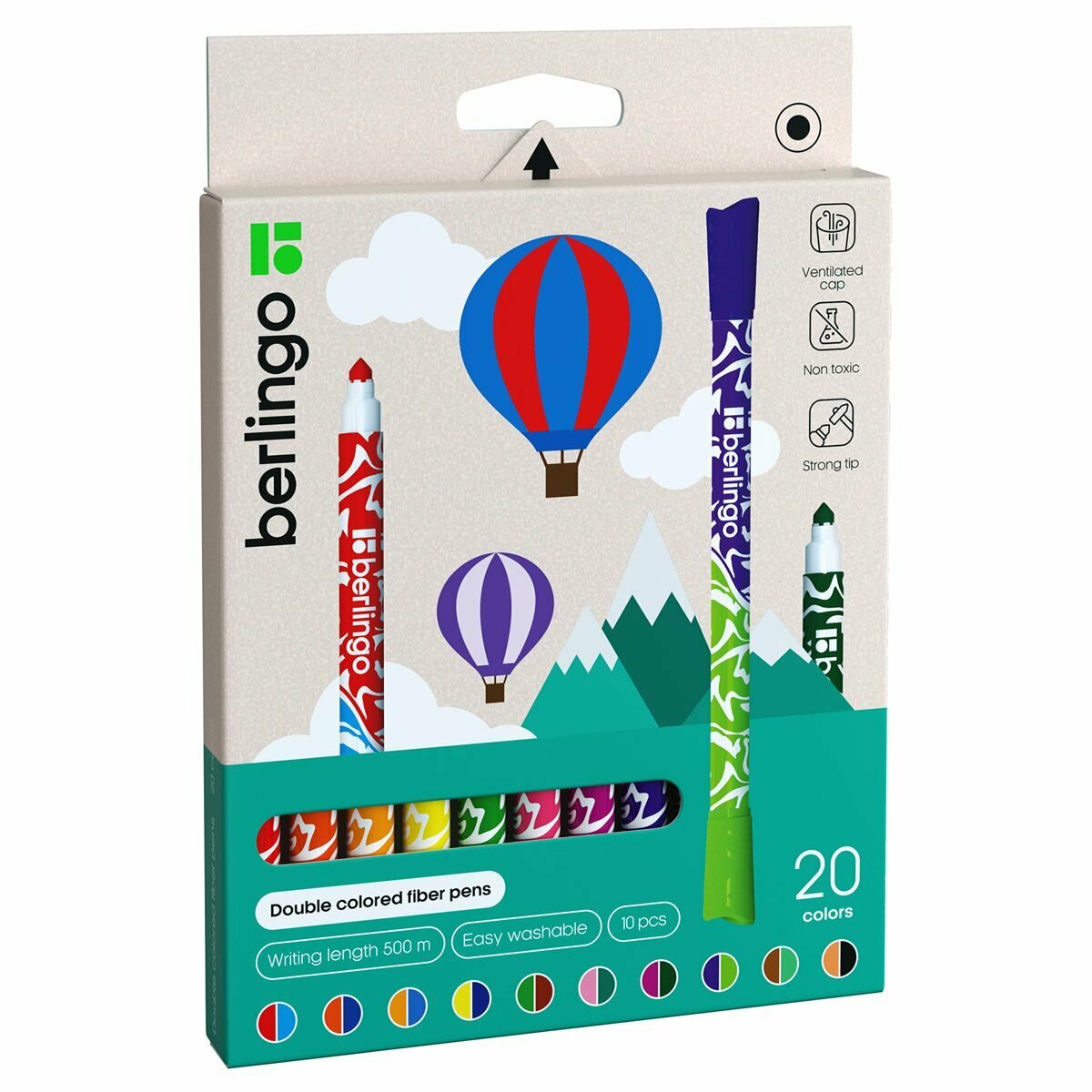 Набор фломастеров 20 цветов Berlingo "Воздушные шары" (линия 1-4мм, двусторонние, смываемые) картон, европодвес (WP_03710)