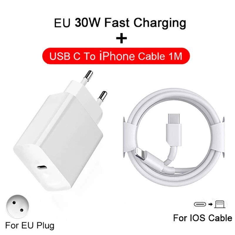 Оригинальное быстрое зарядное устройство Apple 30 Вт для iPhone 11 13 12 14 15 16 Pro Max Mini XR XS 8 Plus iPad Magsafe, кабель с молнией типа C для быстрой зарядки EU Plug 8-14 1mCable