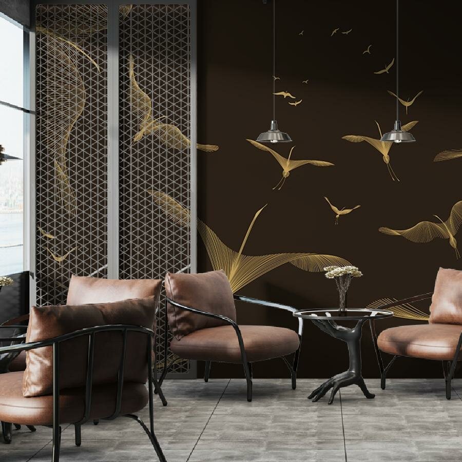 Фотообои Золотые журавли 9-1621-M-Холст 270 x 300 см (ВхШ) Бесшовные, флизелиновые, влагостойкие обои