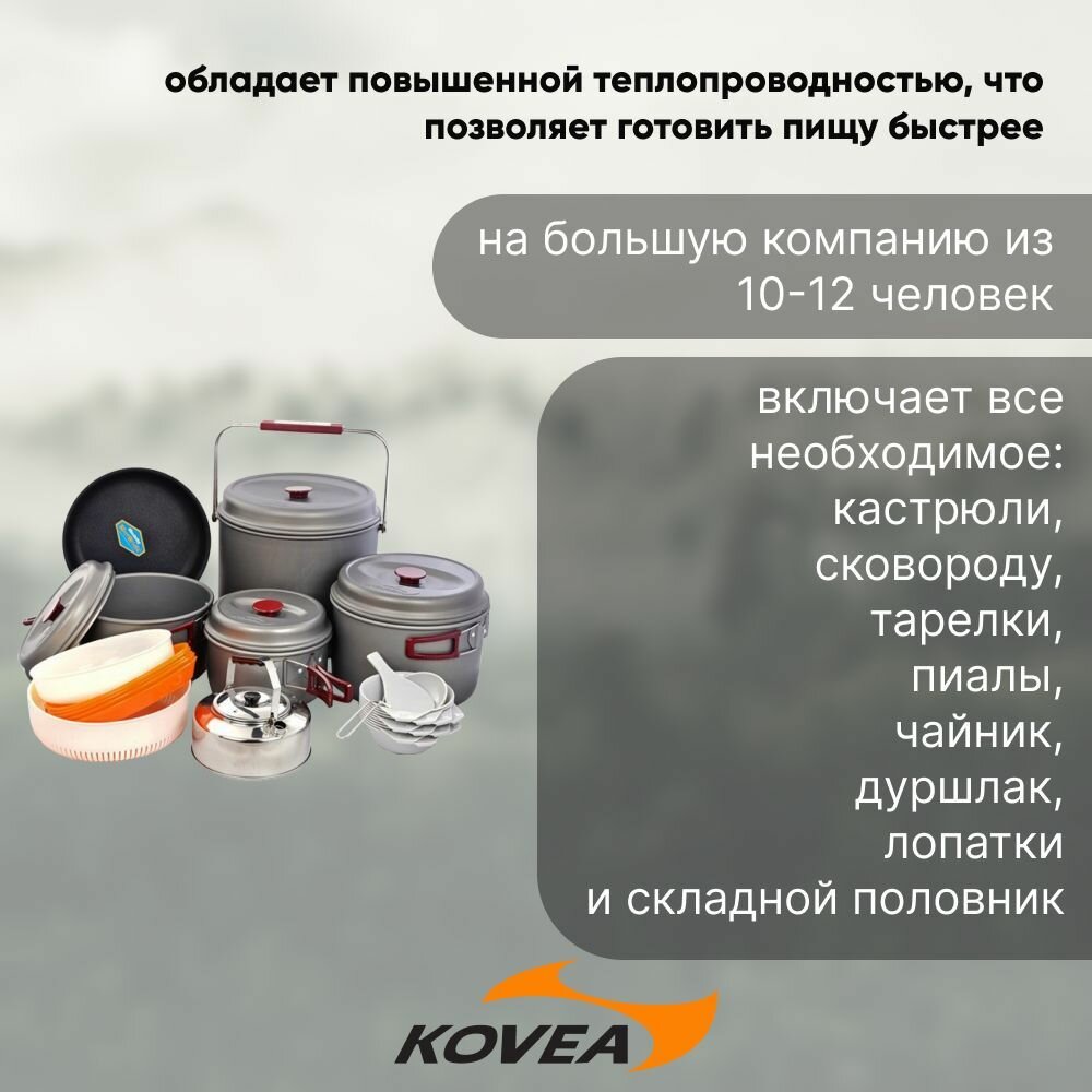 Набор посуды Kovea Hard 12, 12 персон, анодированный алюминий, серебристый/оранжевый