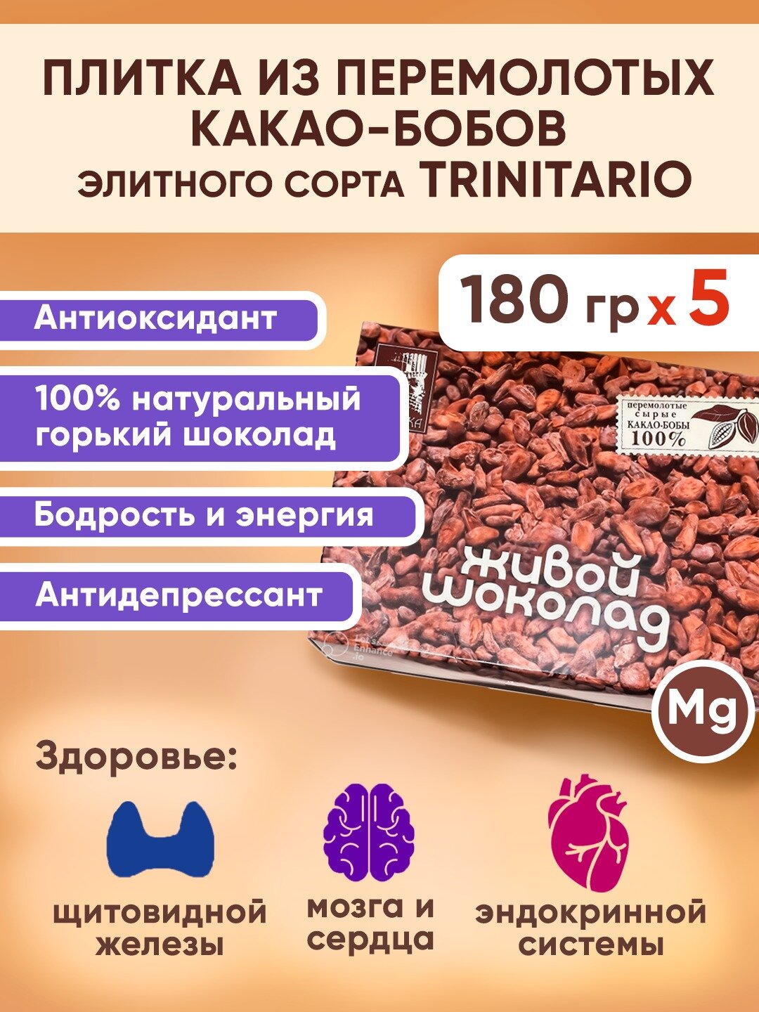 ЖИВОЙ ШОКОЛАД плитка из перемолотых какао-бобов элитного сорта Тринитарио 180гр5шт RAW Дагестан