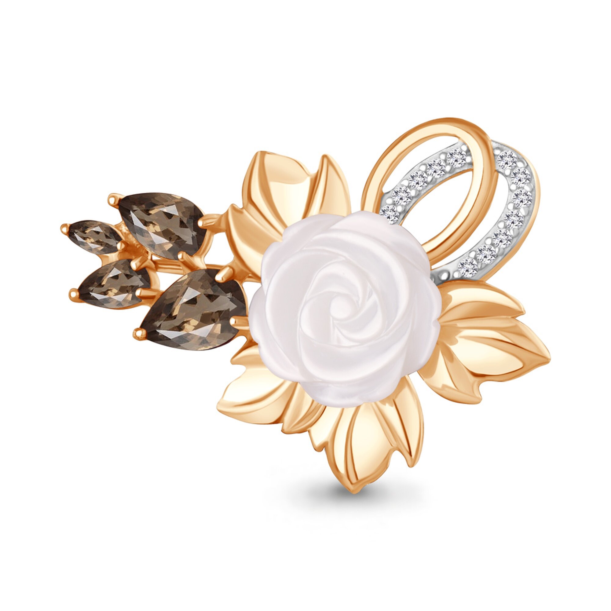 Брошь, серебро, 925 проба, золочение, фианит, перламутр, кварц