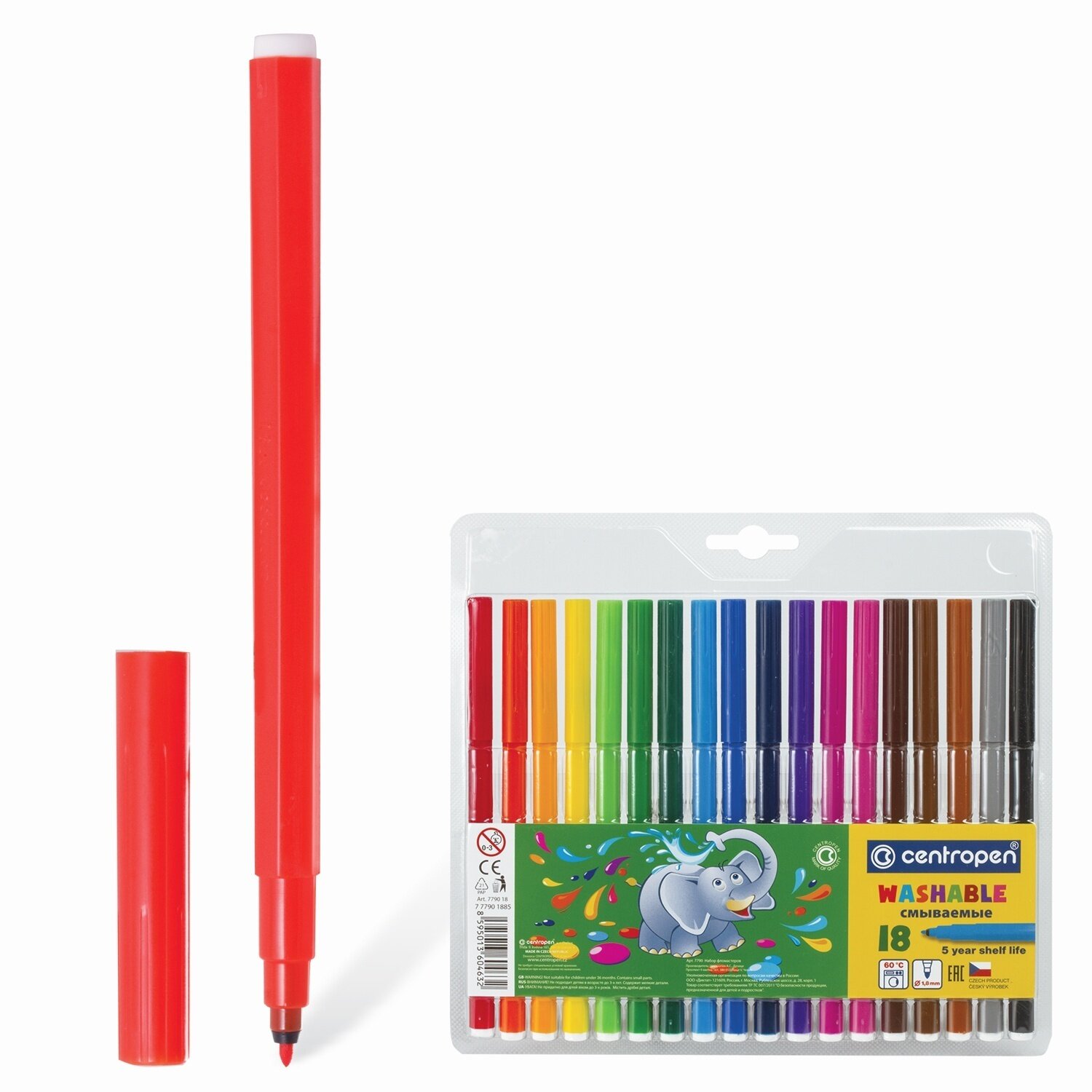 Фломастеры Centropen 18 цветов "Washable", смываемые, вентилируемый колпачок (7 7790 1885)