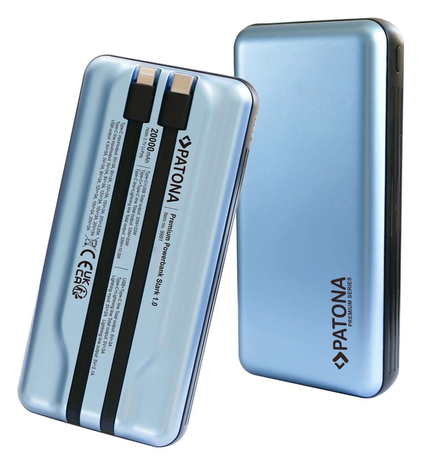Powerbank Stark 1.0 PD65W 20.000mAh with 2 integrated charging кабельs USB-C Lightning (Patona)