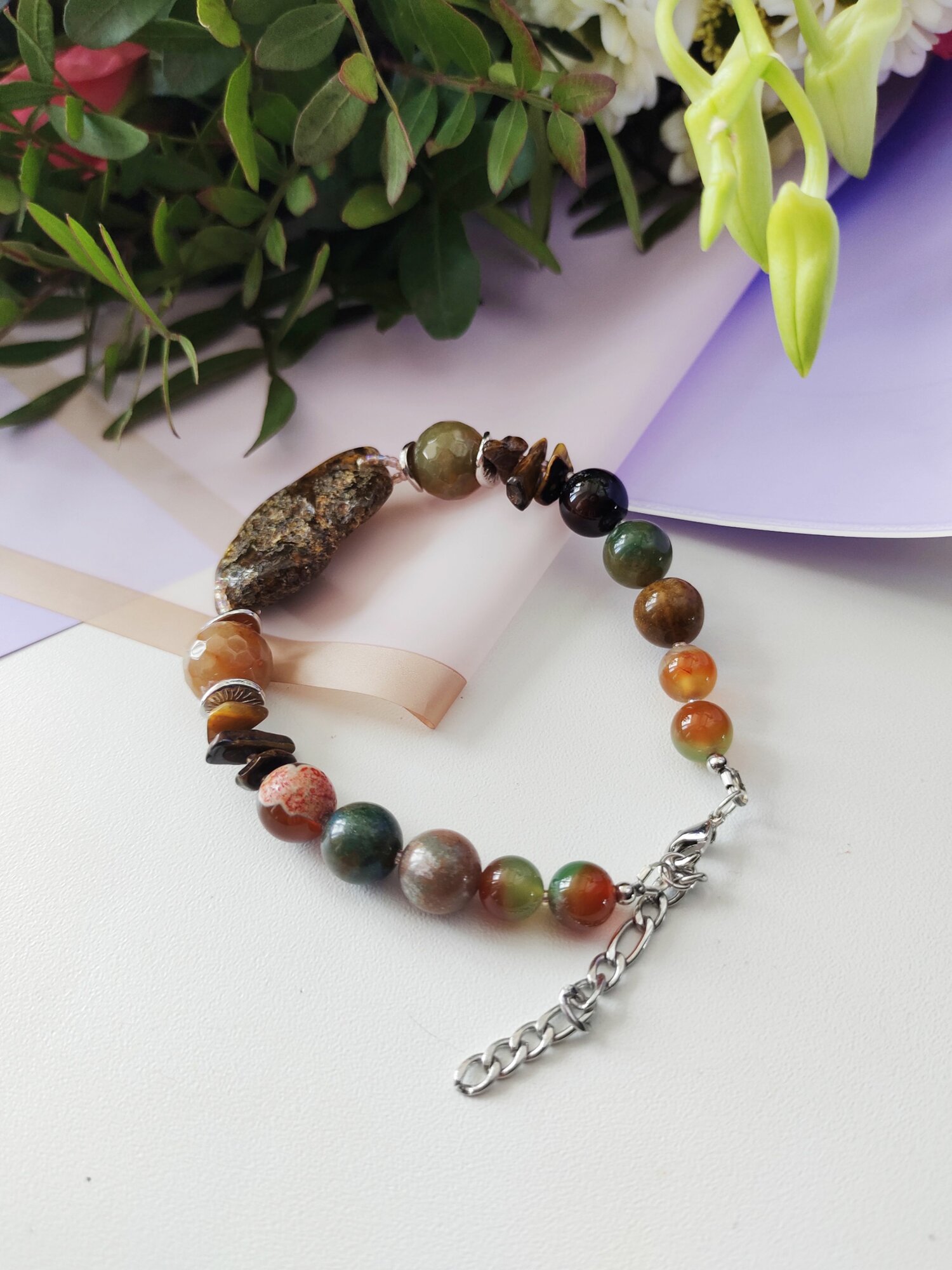 Браслет, янтарь, металл, стекло