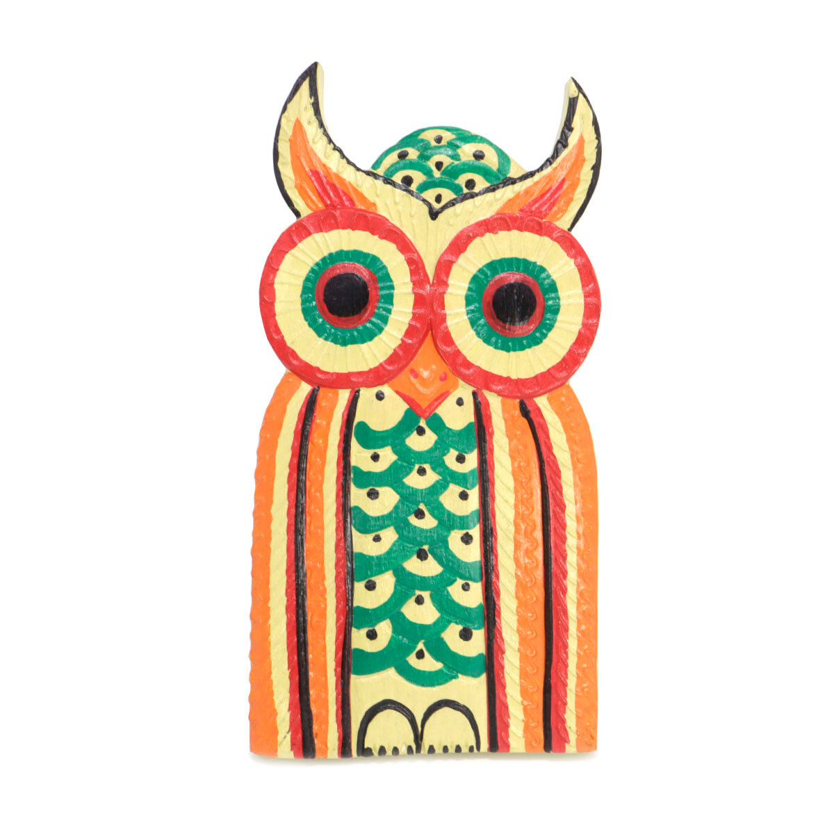 Панно настенное разноцветная светлая сова - благополучие и достаток в дом через мудрость и удачу (дерево суар, роспись, 30 см.), с острова Бали, 1 шт.