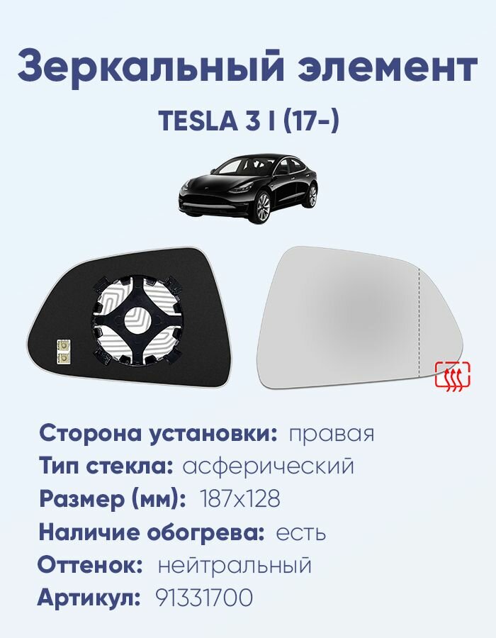 Зеркальный элемент правый TESLA 3 I (17-) асферика нейтральный с обогревом