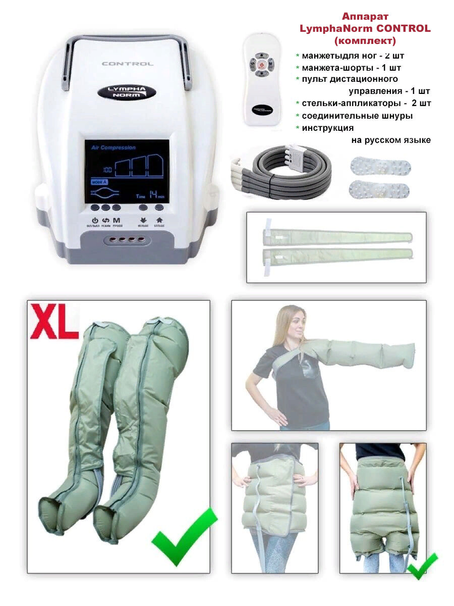 Массажер лимфодренажный для тела Lymphanorm CONTROL с манжетами для ног и шортами, 4 камеры, 13 режимов, 3 кг