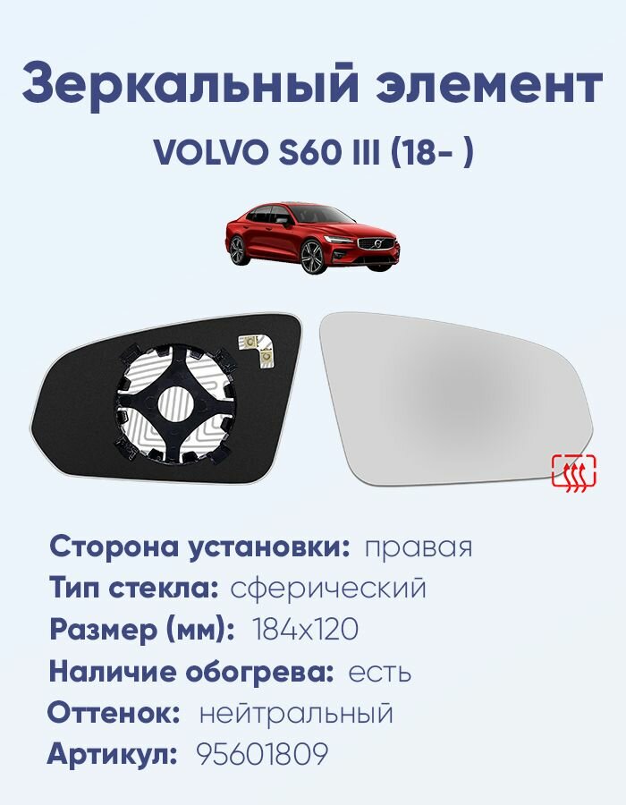Зеркальный элемент правый VOLVO S60 III (18- ) сфера нейтральный с обогревом