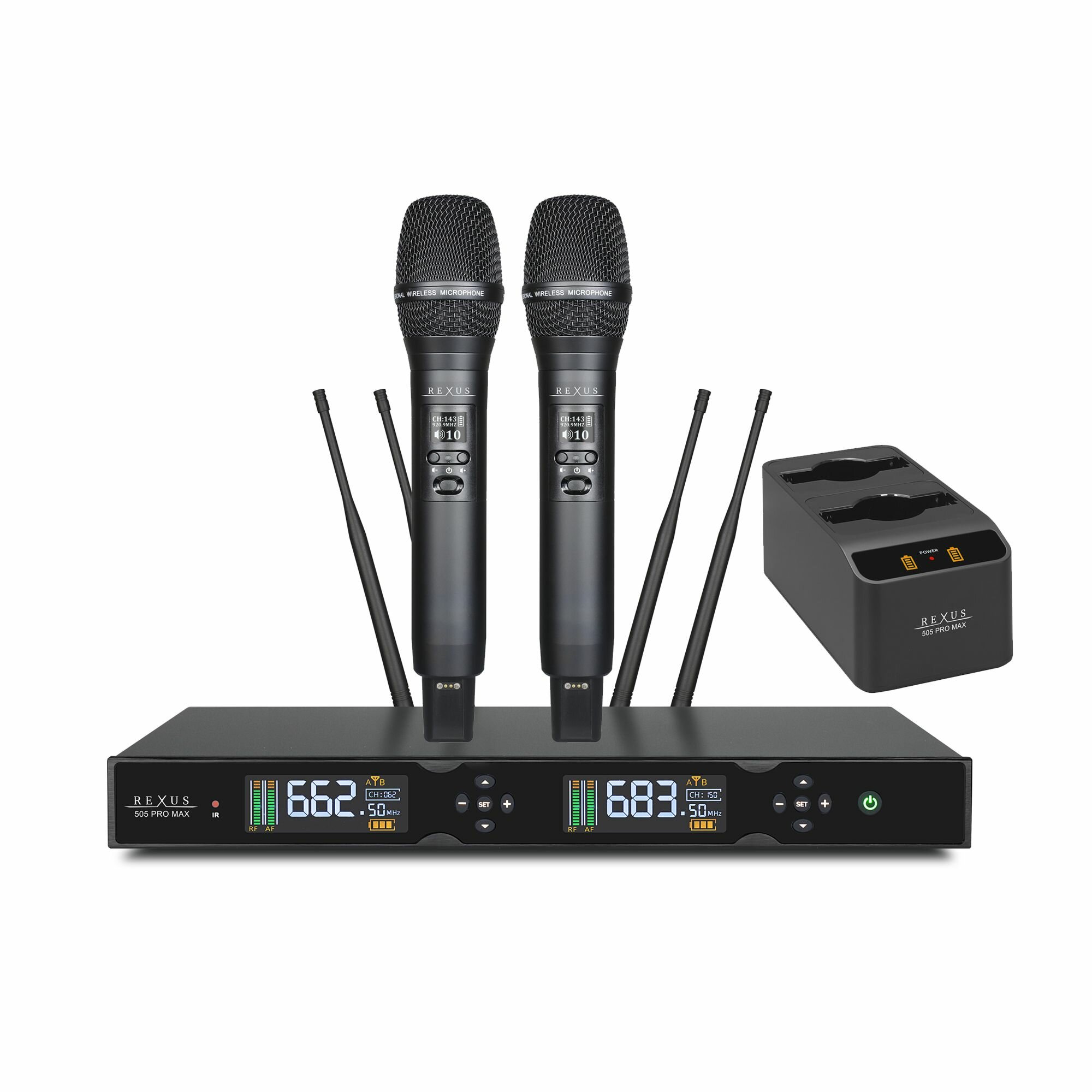 REXUS 505 PRO MAX - профессиональная вокальная радиосистема, 200 метров прием, док-станция для зарядки