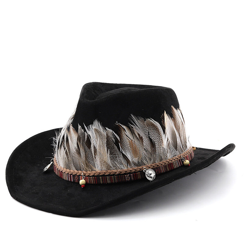 Шляпа ковбойская, с пером, мужская и женская, размер M, черная