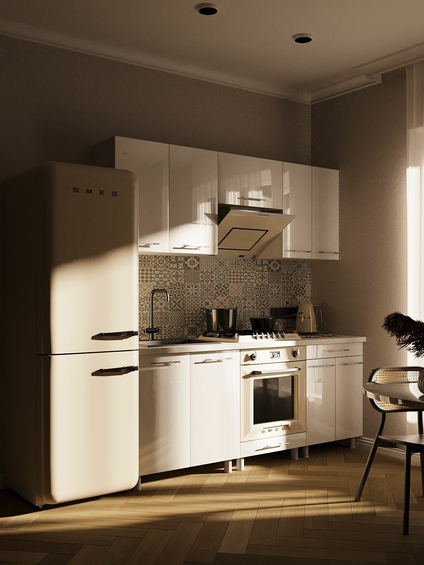 Кухонный гарнитур (кухня) Танго 2.0 м с окапом и модулем под духовой шкаф МДФ фасад Белый корпус белый с текстурой древесные поры ЛДСП, столешница Антарес 26 мм 2000х2160х600 тэкс