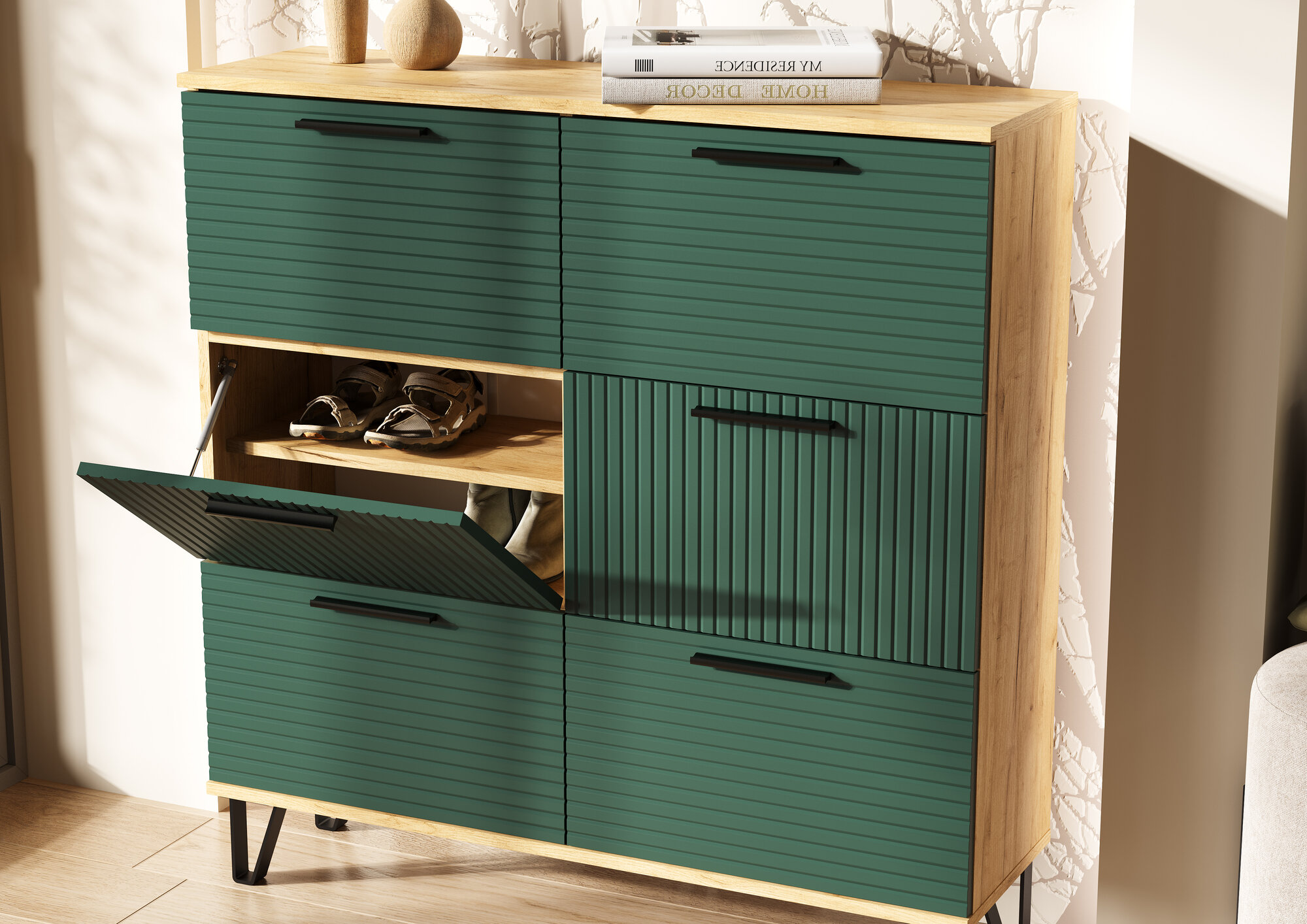 Обувница МИФ Флеш Браш мени грин /дуб крафт 100х103х30 см (25-28 внутренняя), ЛДСП/МДФ , газ лифт