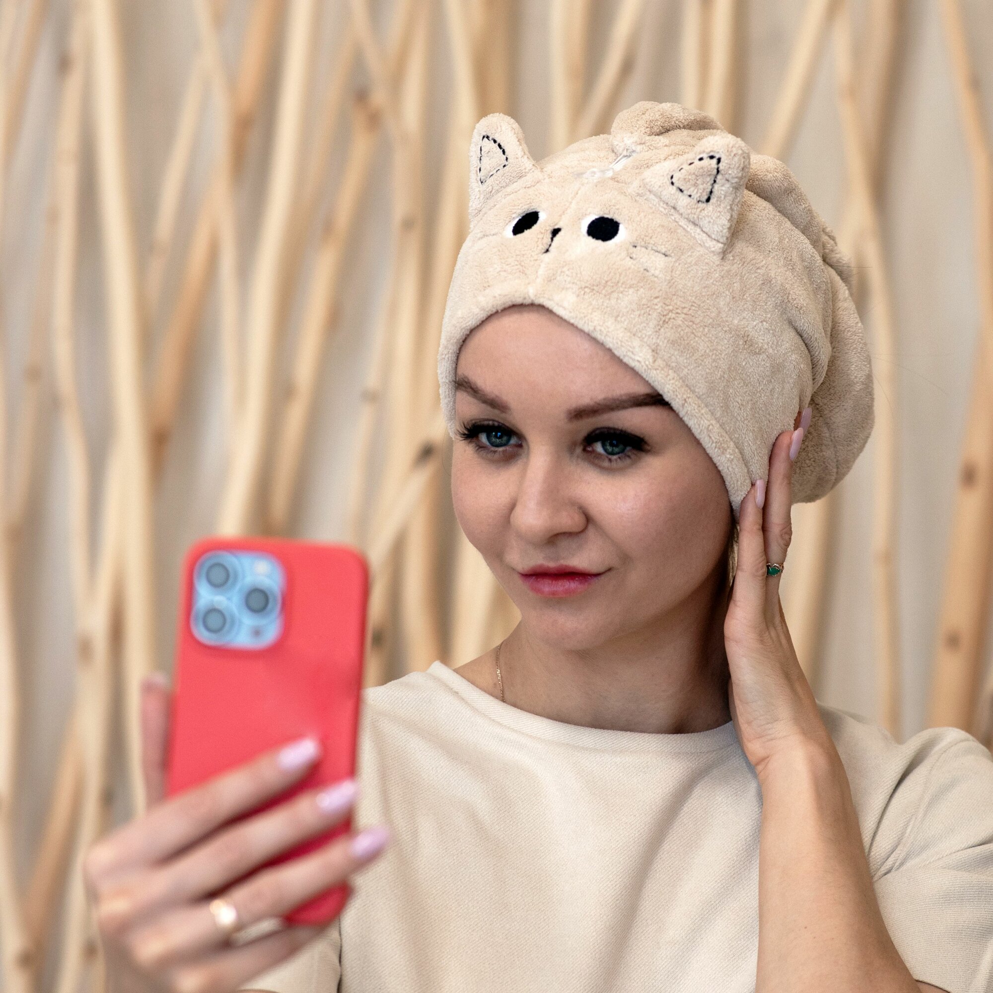 Тюрбан полотенце для сушки волос "Meow Meow" чалма с котиком бежевая