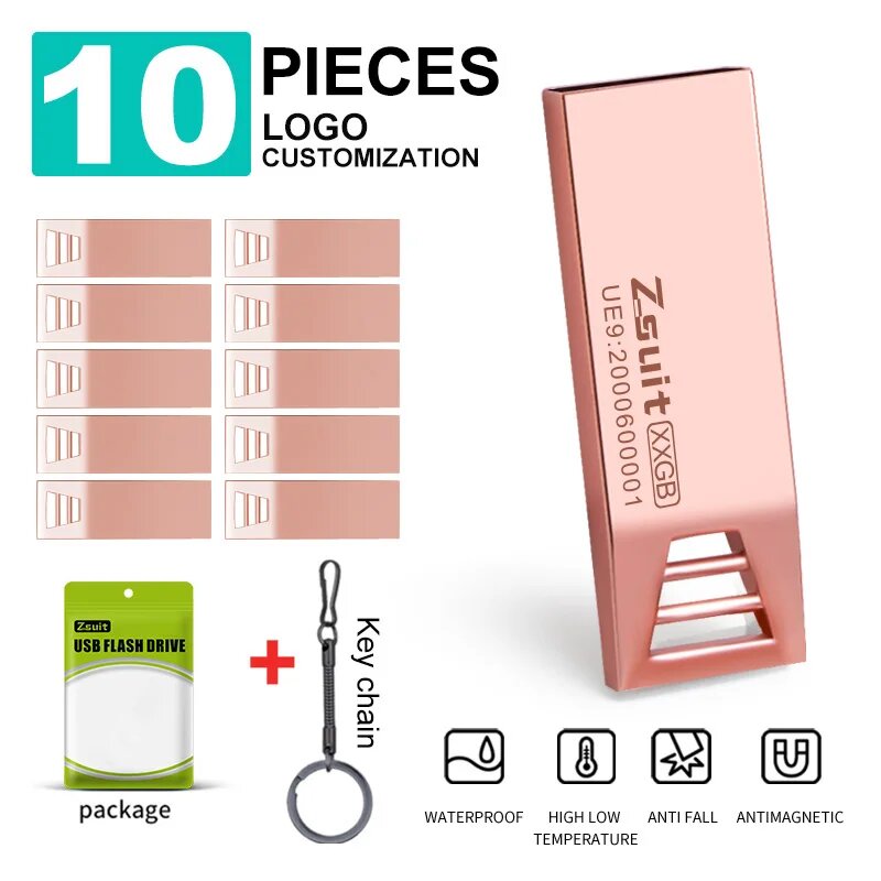 Zsuit 10 шт. USB-флешка 16 ГБ 32 ГБ 64 ГБ флэш-накопитель 3,0/2,0 памяти 128 ГБ водонепроницаемый Cle пользовательский USB-металлический флэш-накопитель