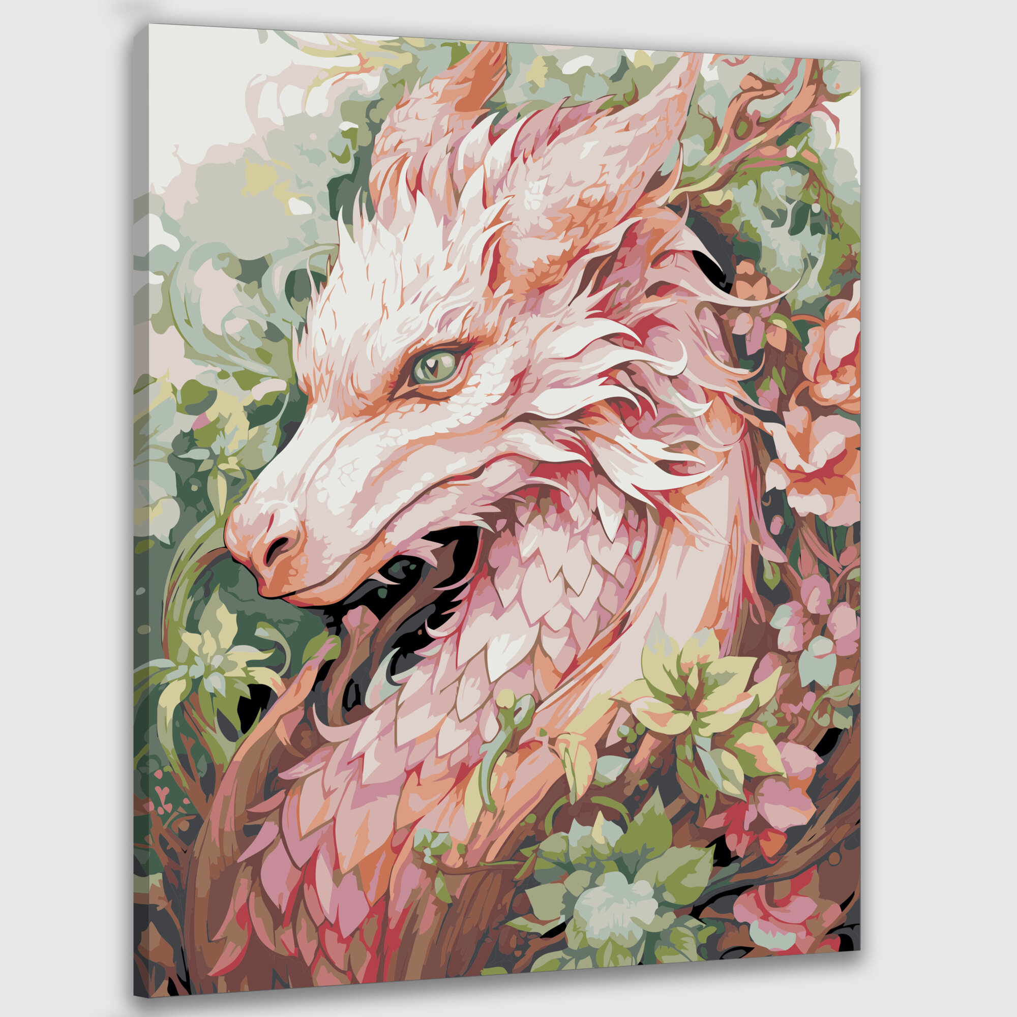 Картина по номерам 40x50 см, деревянный дракон, акварельная иллюстрация, яркие цвета, замысловатая резьба, зелень