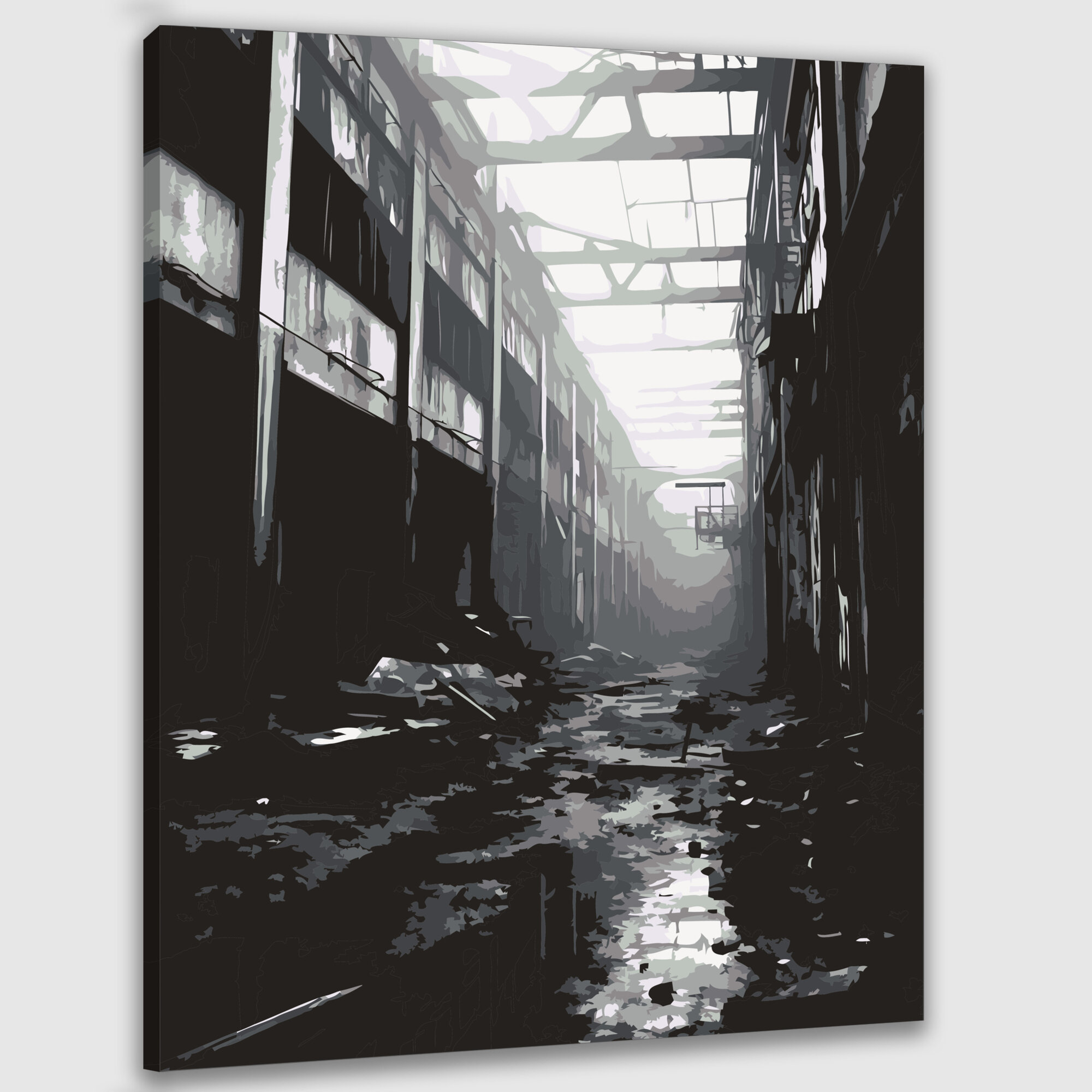 Картина по номерам 40x50 см, черно-белая, фотография, заброшенная фабрика, машина, бездействие, пыль, паутина, тайна