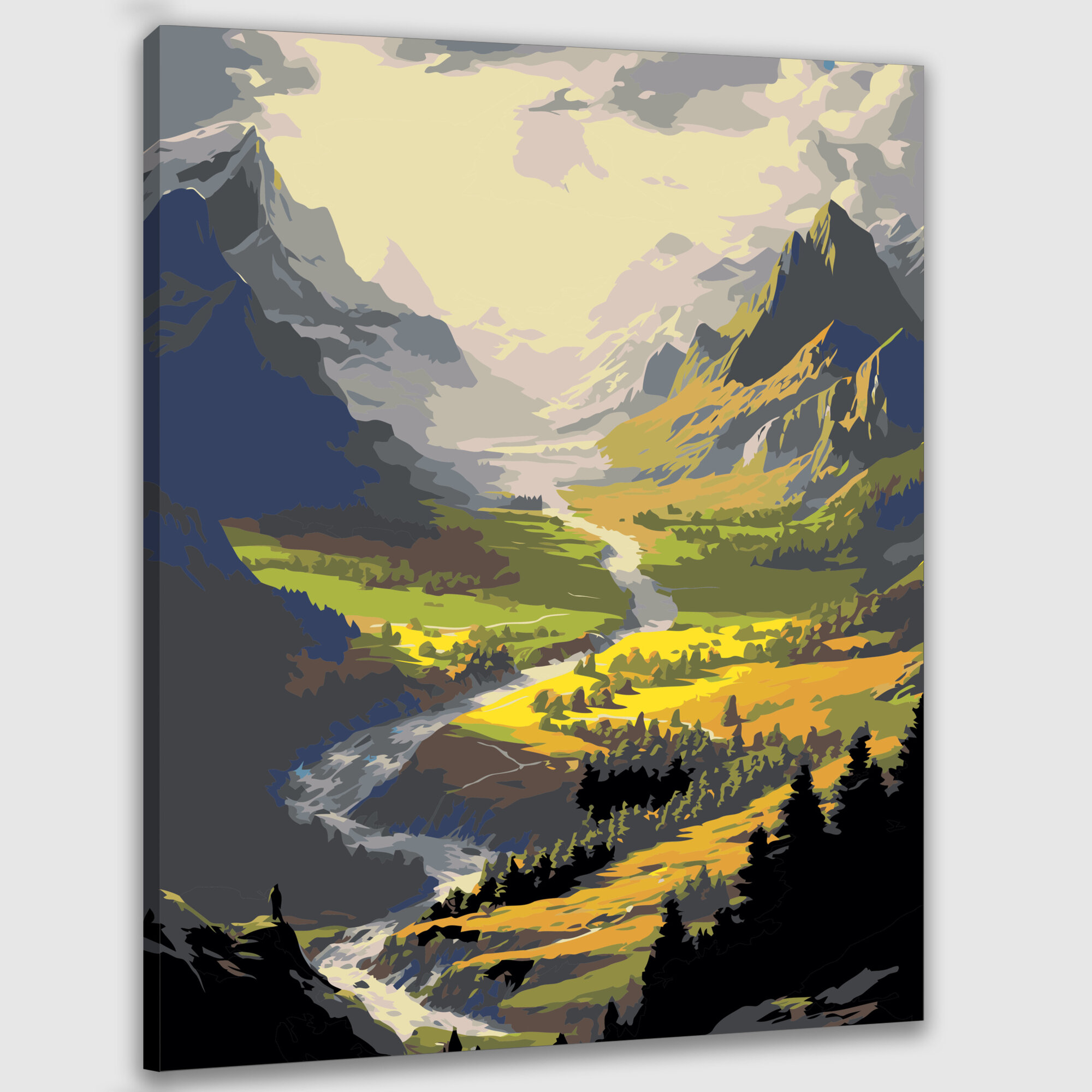Картина по номерам 40x50 см, фотография, долина, горы, река, зелень, солнечный свет, сияние, контраст, скалистые горы