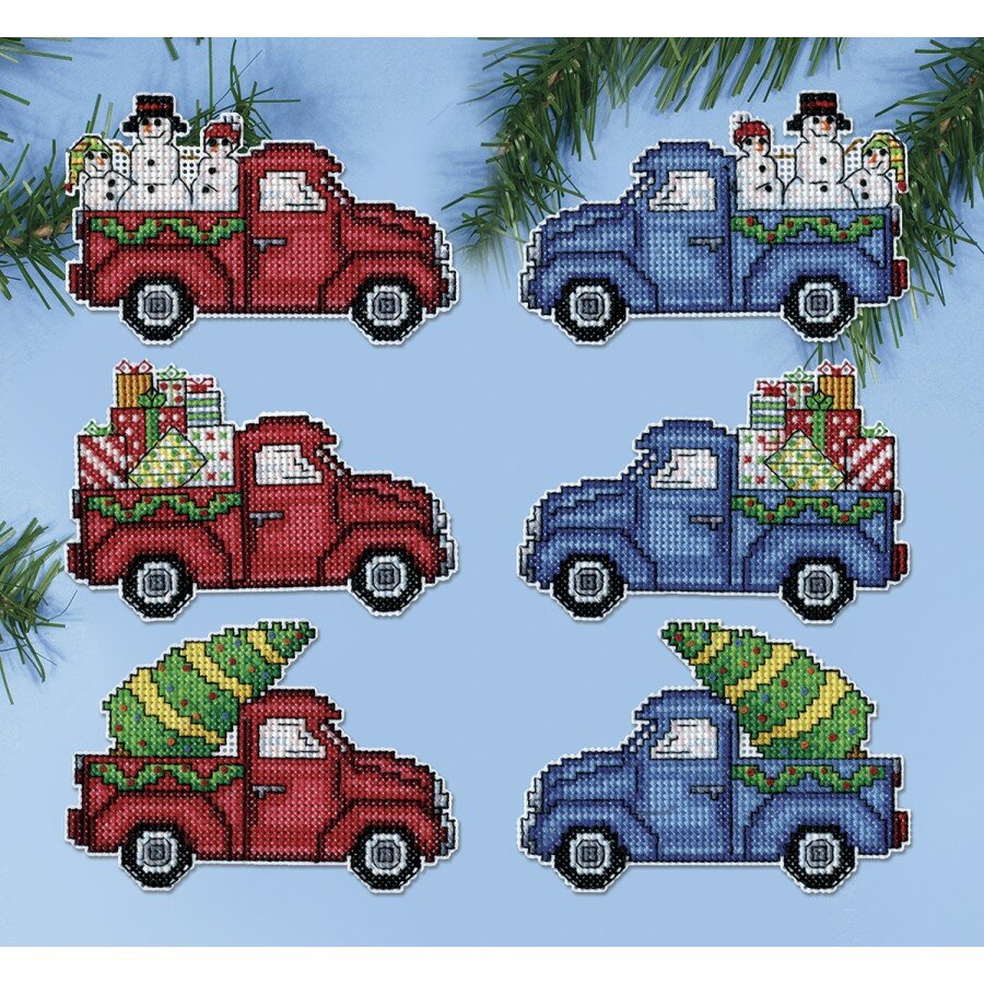 Набор для вышивания елочных украшений Праздничные пикапы 7 х 10 см DESIGN WORKS 6876