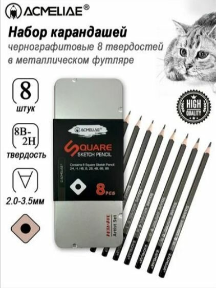 Набор чернографитных карандашей ACMELIAE 8 штук (2H, H, HB, B,2B,4B,6B,8B) в металлическом пенале