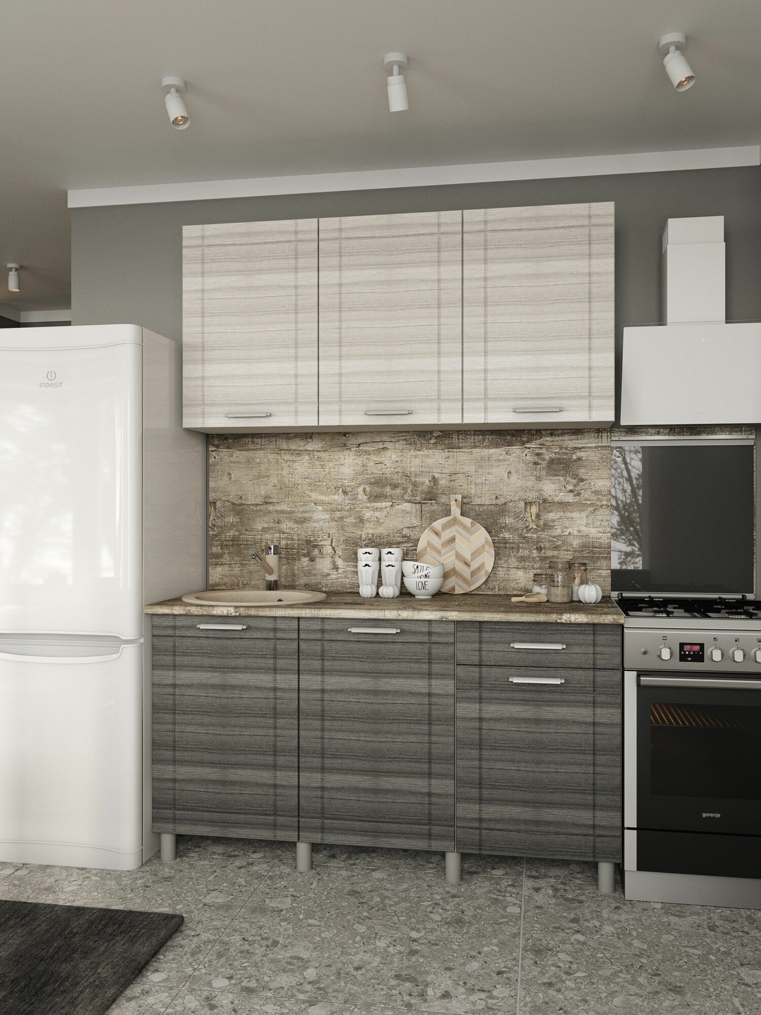 Кухонный гарнитур Бомбей МДФ 1,5м сандал белый/сандал серый без столешницы