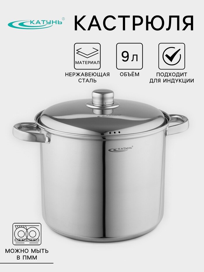 Кастрюля Катунь «Гретта», 9 л, d=24 см, с крышкой, капсульное дно, индукция, нержавеющая сталь, AISI - 201, хромированная