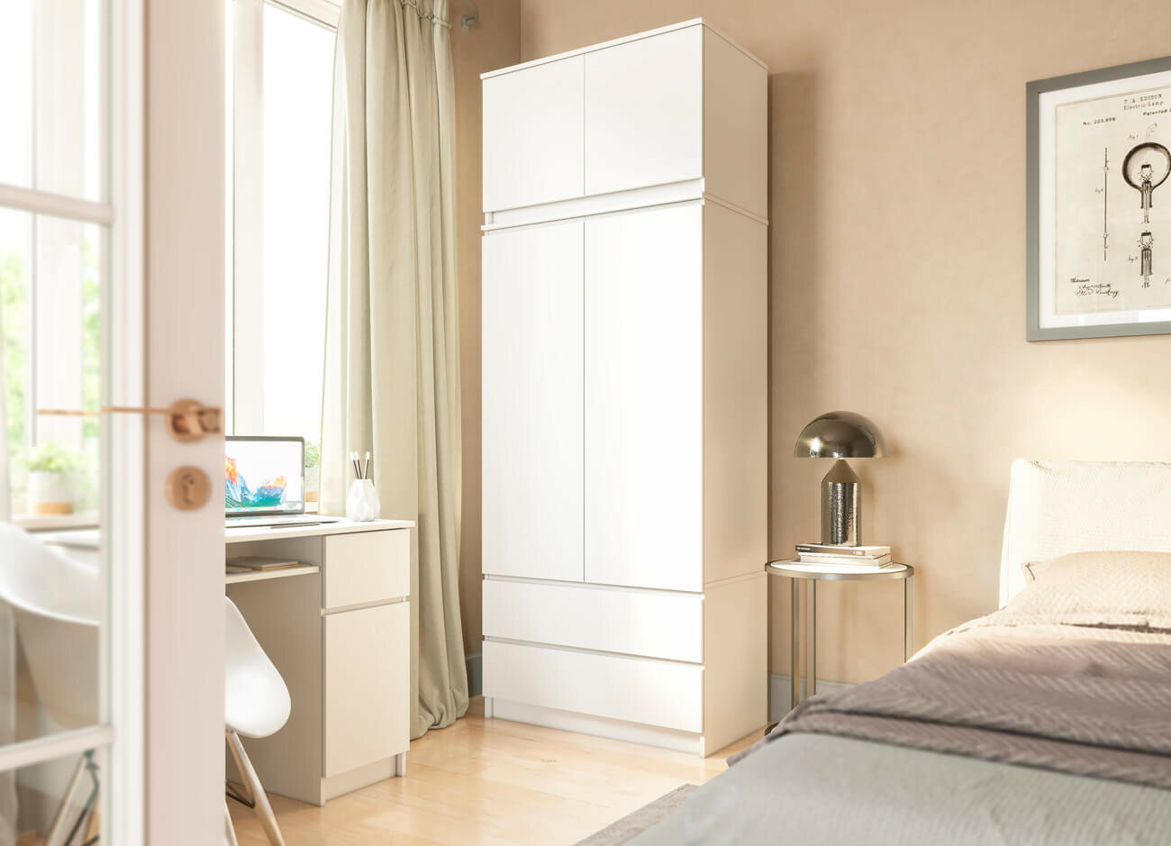 Шкаф "Челси", Белый 2-х створчатый + Антресоль-Тумба "Челси" Белый, 902 х 2300 х 514 мм, МиФ