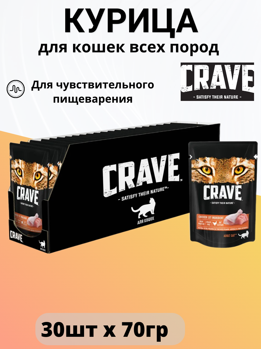 CRAVE Корм консервированный для взрослых кошек Курица (пауч) 30х70г