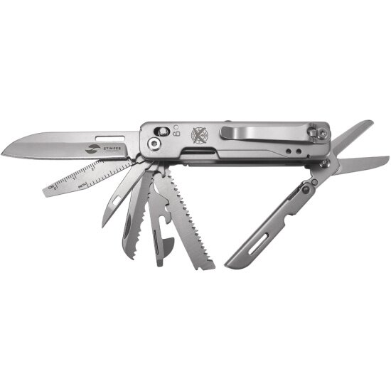 Мультитул Stinger 92 х 30 мм, 15 функций, сталь, серебристый, в картонной коробке