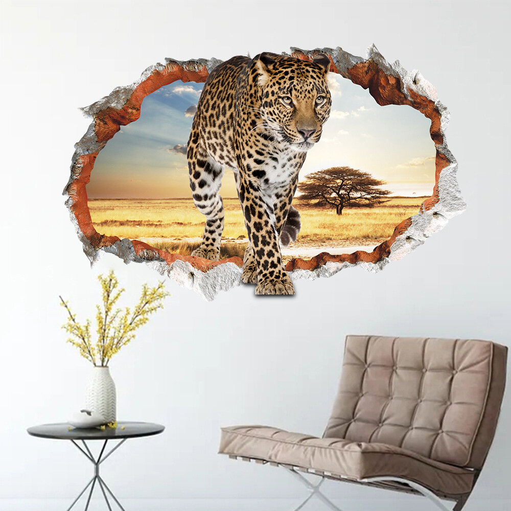 3D-наклейка на стену «Африканский леопард», реалистичный леопард, идущий сквозь стену, ПВХ-наклейка на стену для гостиной, спальни, декор в стиле сафари, 50x70 см