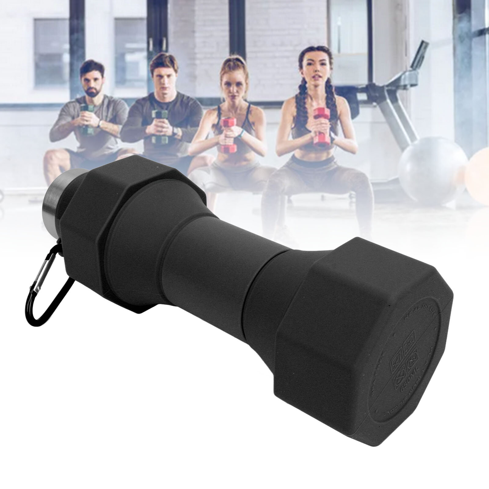 Складная бутылка для воды 650 мл в форме гантели Складная портативная спортивная бутылка для воды с крышкой из полипропилена для путешествий на открытом воздухе Тренажерный зал Фитнес Туризм Черный