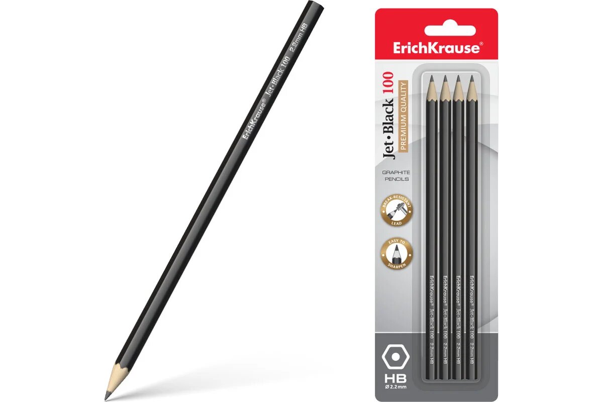 ErichKrause Jet Black 100 HB чернографитный шестигранный карандаш в блистере 4 шт