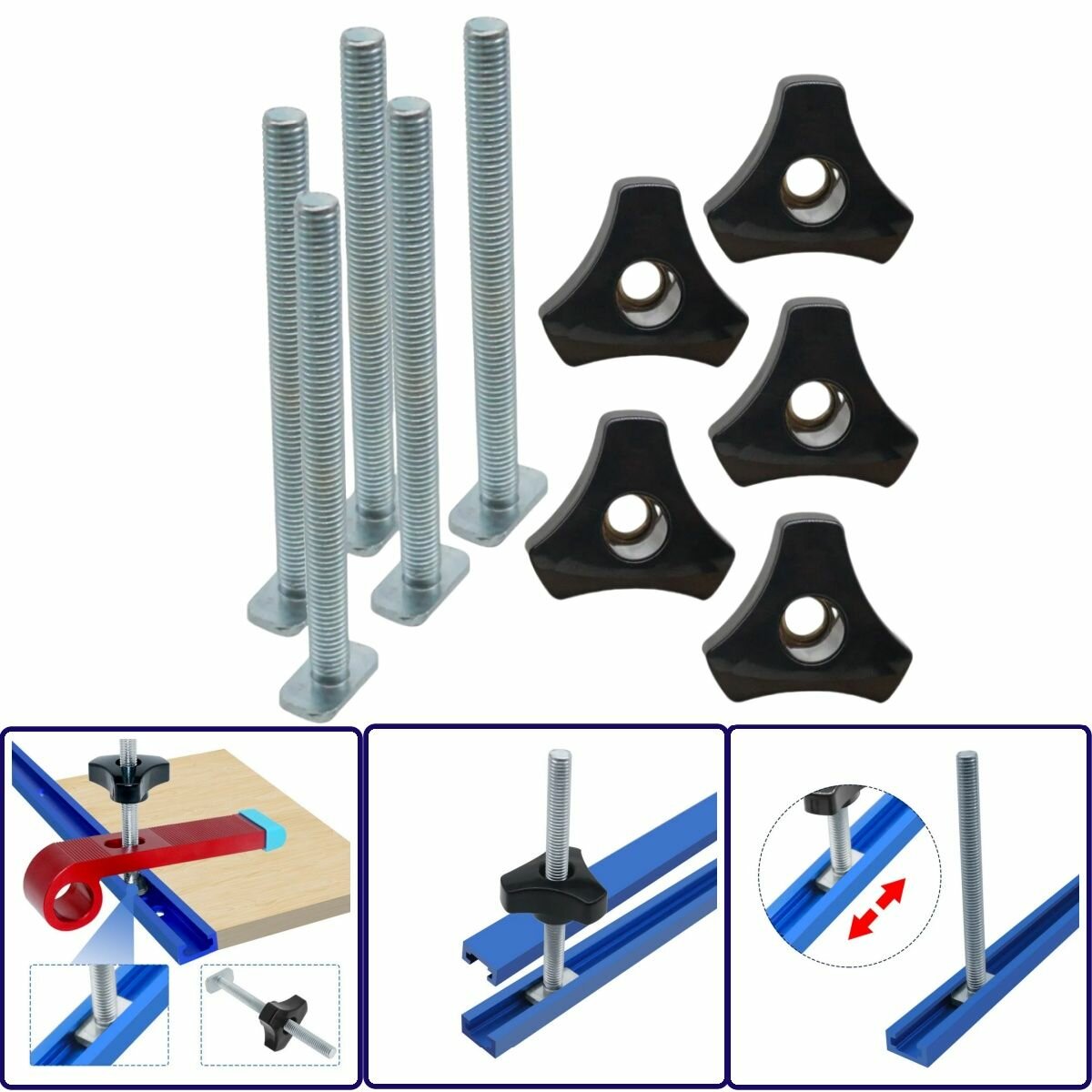 Набор Т-образных болтов и гаек M8. Шаблоны для деревообрабатывающих инструментов. Крепеж с винтовым пазом и гайкой со сквозным отверстием.