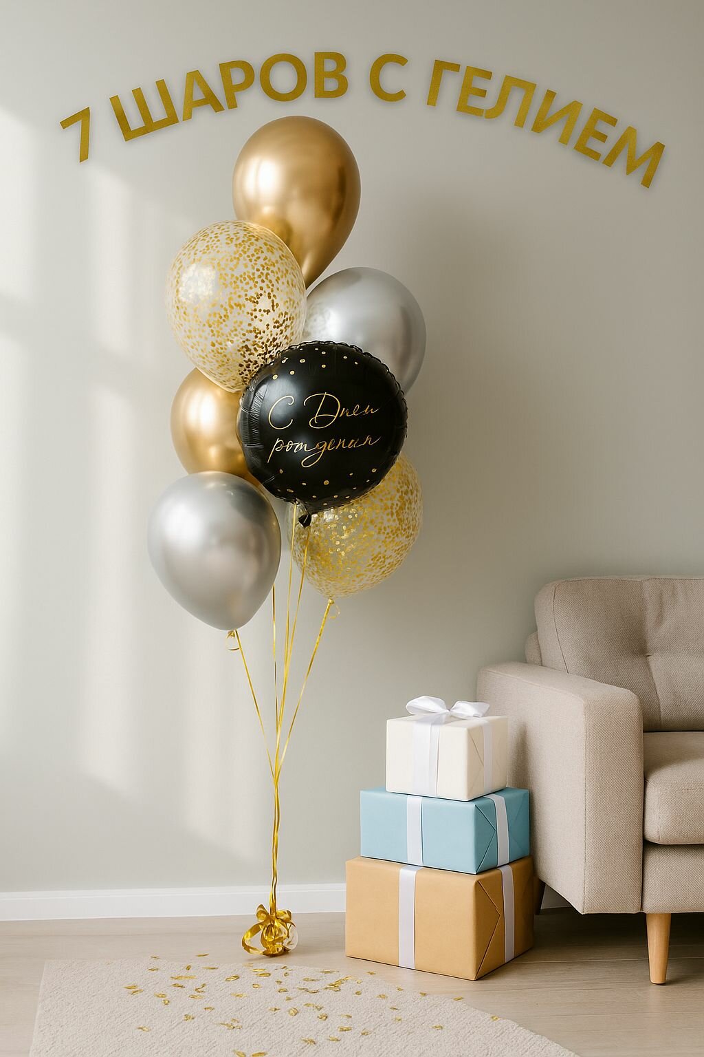 Фольгированные воздушные гелиевые шары, надутые в фонтан из латексных и прозрачных шаров с конфетти "На День Рождения", 7 шт