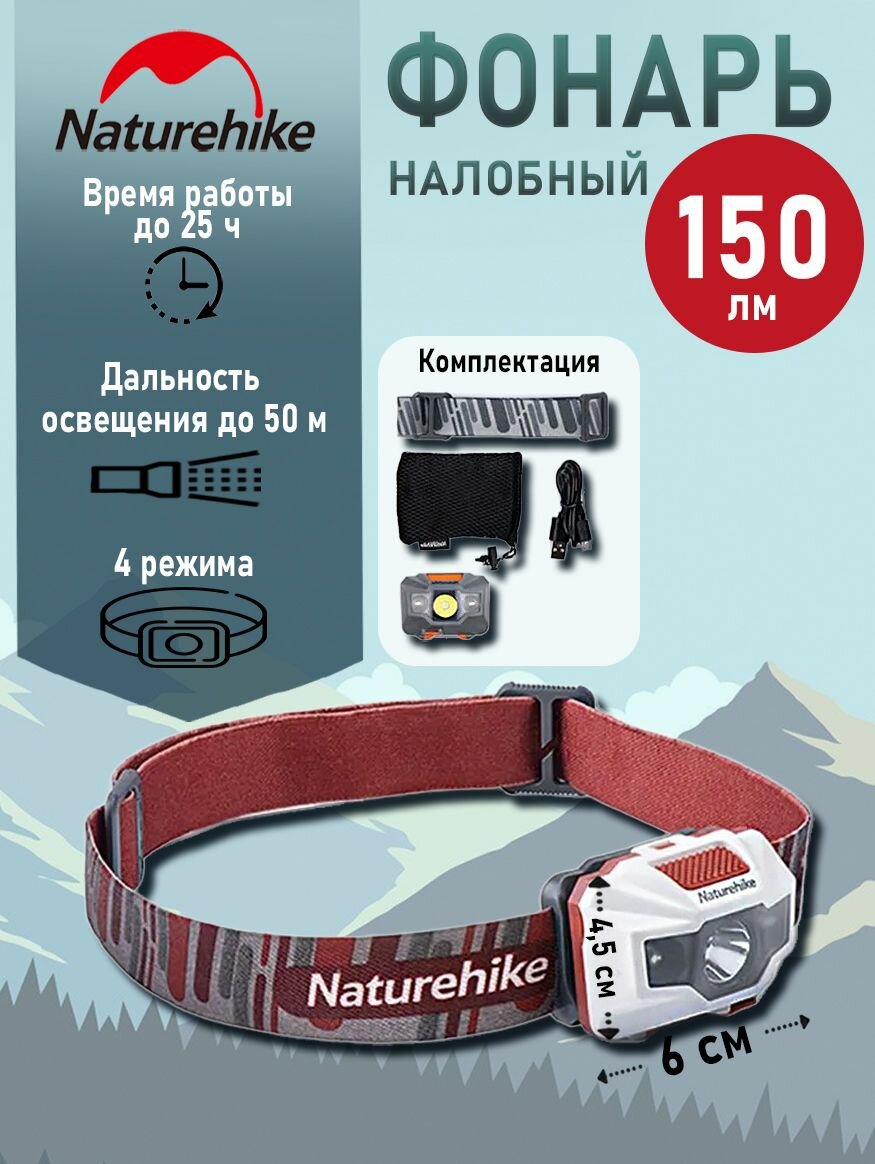 Фонарь налобный светодиодный Naturehike TD-02, 150 лм, красный, NH00T002-D, 741726