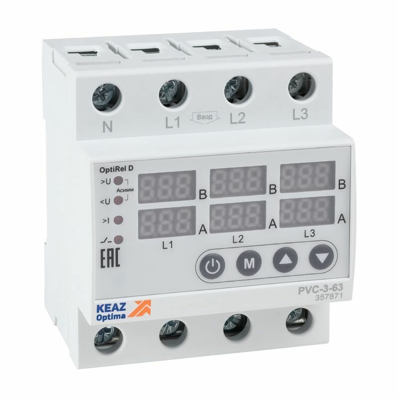 Реле напряжения OptiRel D PVC-3-63 с ЖК-дисплеем и контролем тока 3Ф 63 А КЭАЗ 357871