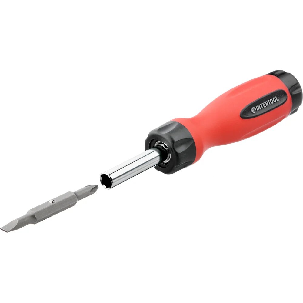 Отвертка INTERTOOL 4 в 1 VT-1008 для трубопроводов со стальными насадками и трешоточным механизмом — фото 1