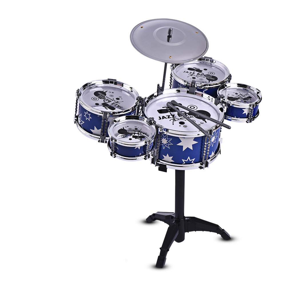 Набор для детей Джаз-барабаны Музыкальный инструмент Игрушка 5 барабанов + 1 цимбал с маленьким табуретом Палочки для барабанов для мальчиков девочек Цвет Синий/Красный Материал Пластик Размер барабанов 20*11см, 15*9см, 11*5.5см Размер упаковки