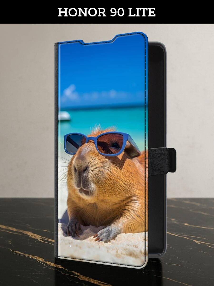 Чехол-книжка на Honor 90 Lite (Хонор 90 Лайт) с картой с капибарой