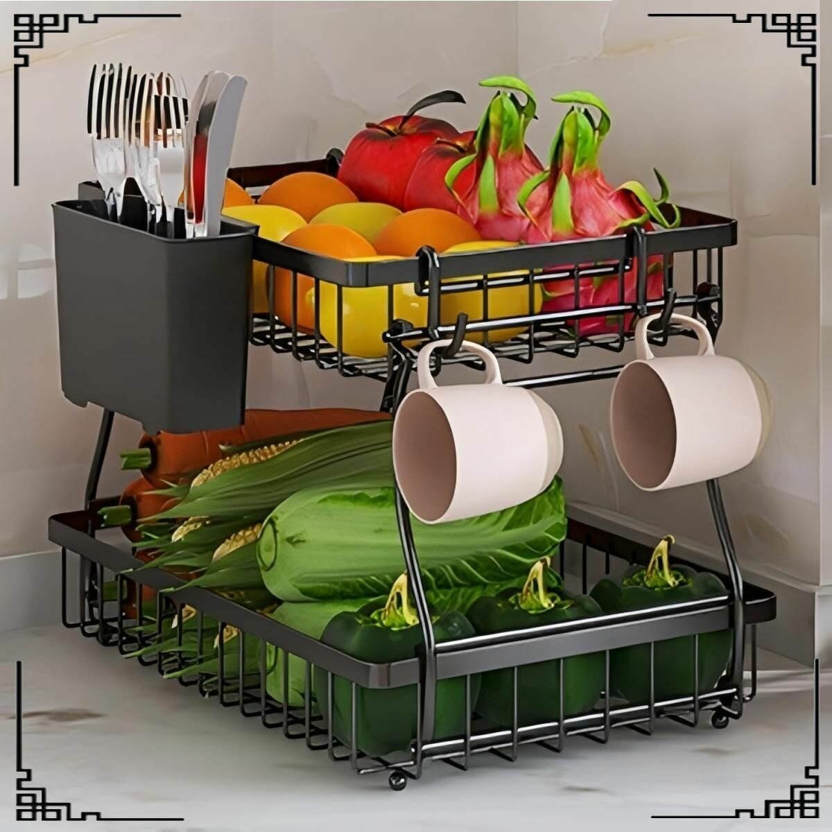 Фруктовница/Корзина для фруктов и выпечки Металлическая 2 яруса Ярусная Конфетница, 37x23x24cm