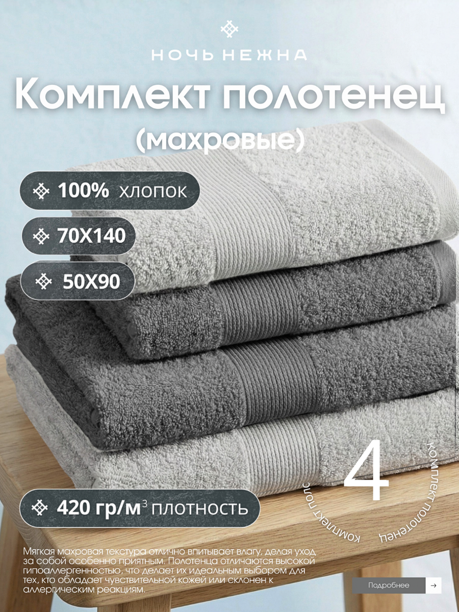 Полотенце банное махровое набор 4 шт графит, серый