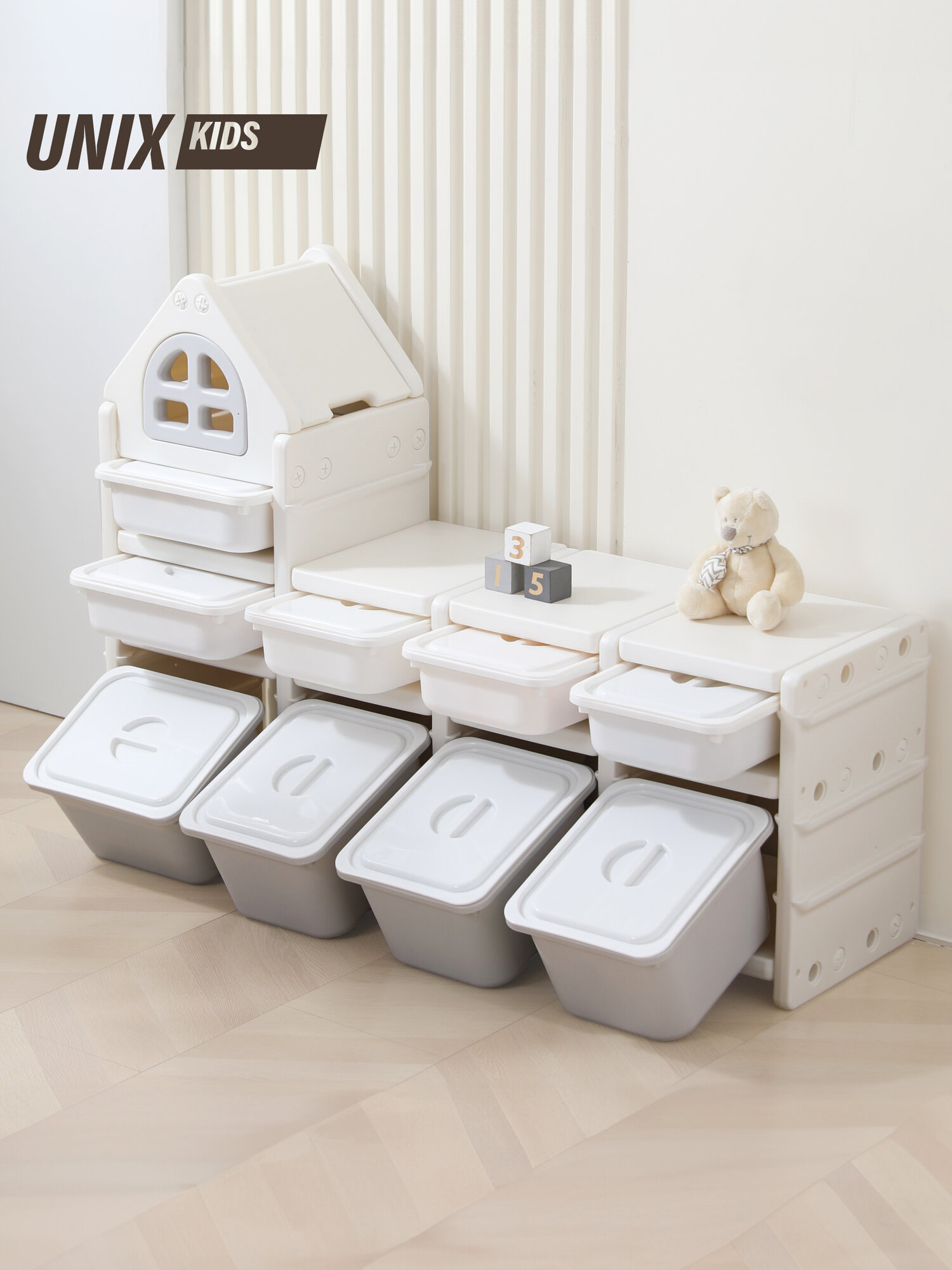 Стеллаж для игрушек Монтессори UNIX Kids Grey 9 ящиков, напольный, с корзинами, пластиковый, в детскую для хранения
