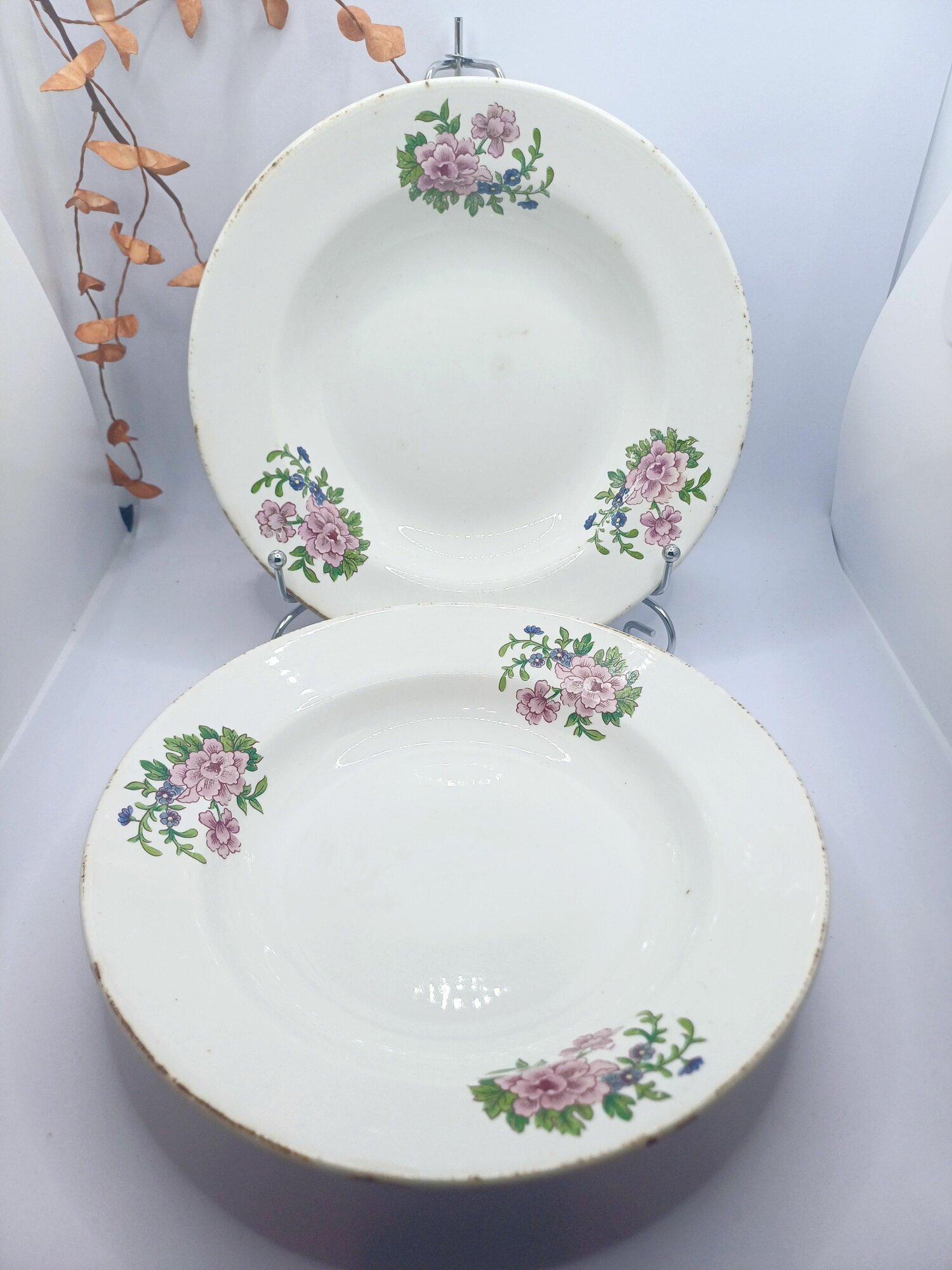 Набор глубоких тарелок с цветочным рисунком винтажный, фаянс, ЗиК Конаково СССР