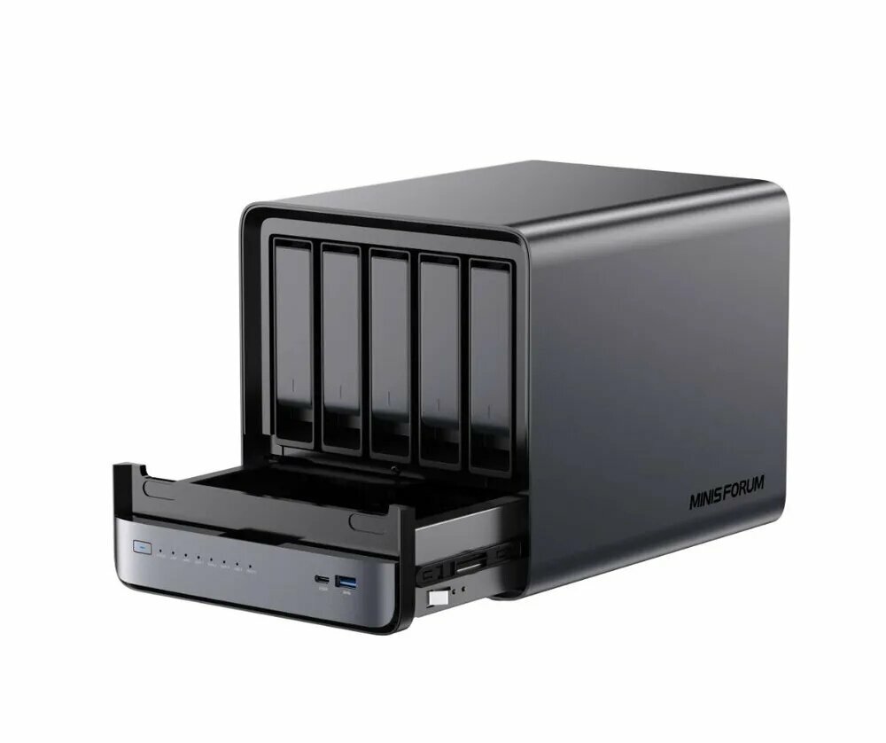 MINISFORUM Мини-ПК N5-PRO-P370 5-слотовый AI NAS+3*M.2+128 ГБ eMMC, USB4x2/OCulink/HDMI 2.1 (AMD Ryzen AI 9 HX PRO 370, RAM 16 ГБ, SSD 128 ГБ, AMD Radeon 890M, Без ОС), N5-Pro-P370, черный