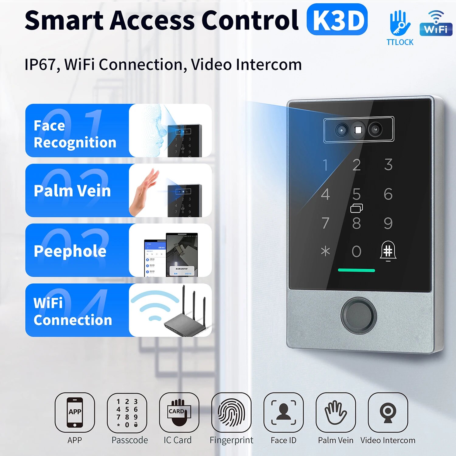 TTlock K3D Система контроля доступа с WiFi, видео домофоном