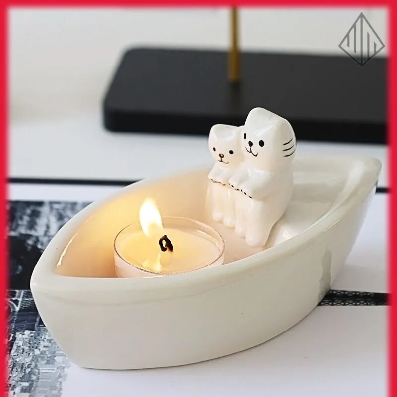 Подсвечник "Кот на корабле", керамика, со свечой, настольный