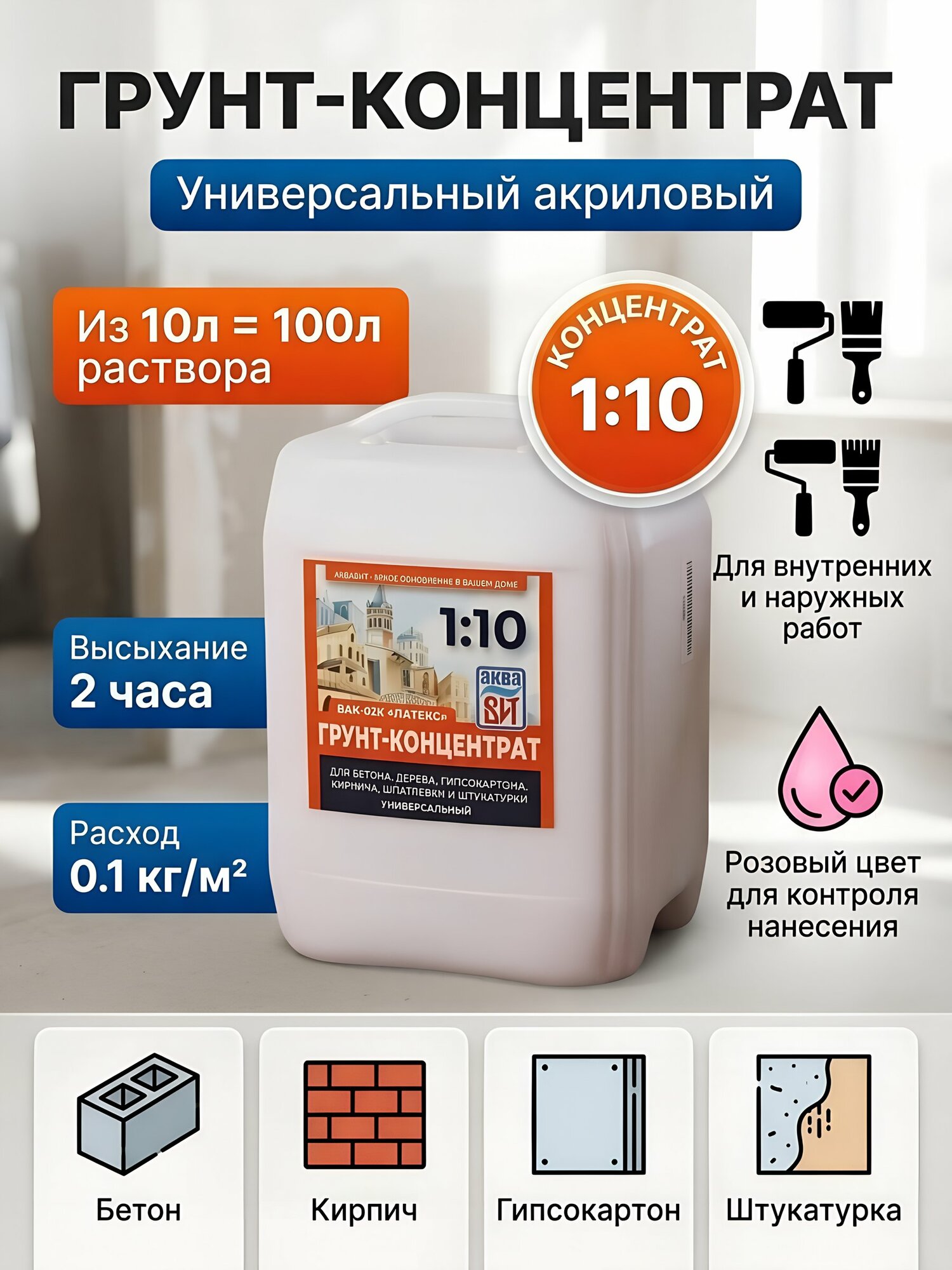 Грунт-концентрат АкваВИТ Универсальный акриловый водно-дисперсионный 10 л для внутренних и наружных работ 1:10 розовый