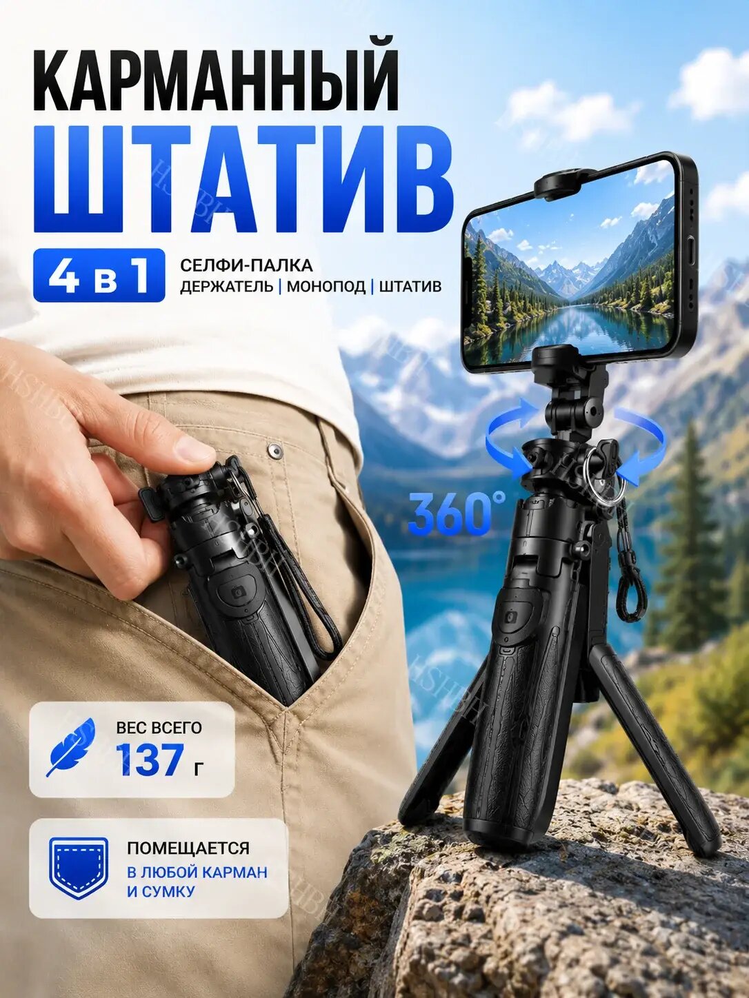 Компактный штатив для телефона 4 в 1, селфи-палка, монопод и трипод с Bluetooth пультом